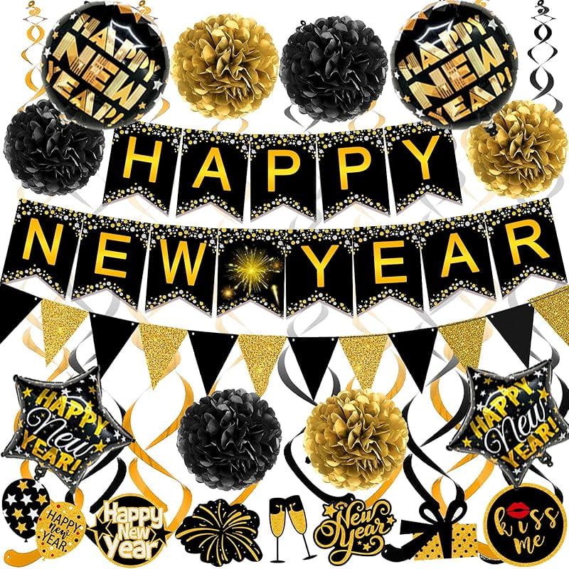 Famoby Happy New Year Paper Banner Triangle Flag Bunting Pom poms ...