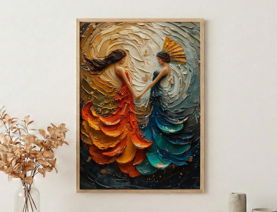 Fan Dance Asian Culture Abstract Motion Impasto Gold Red Dance ...