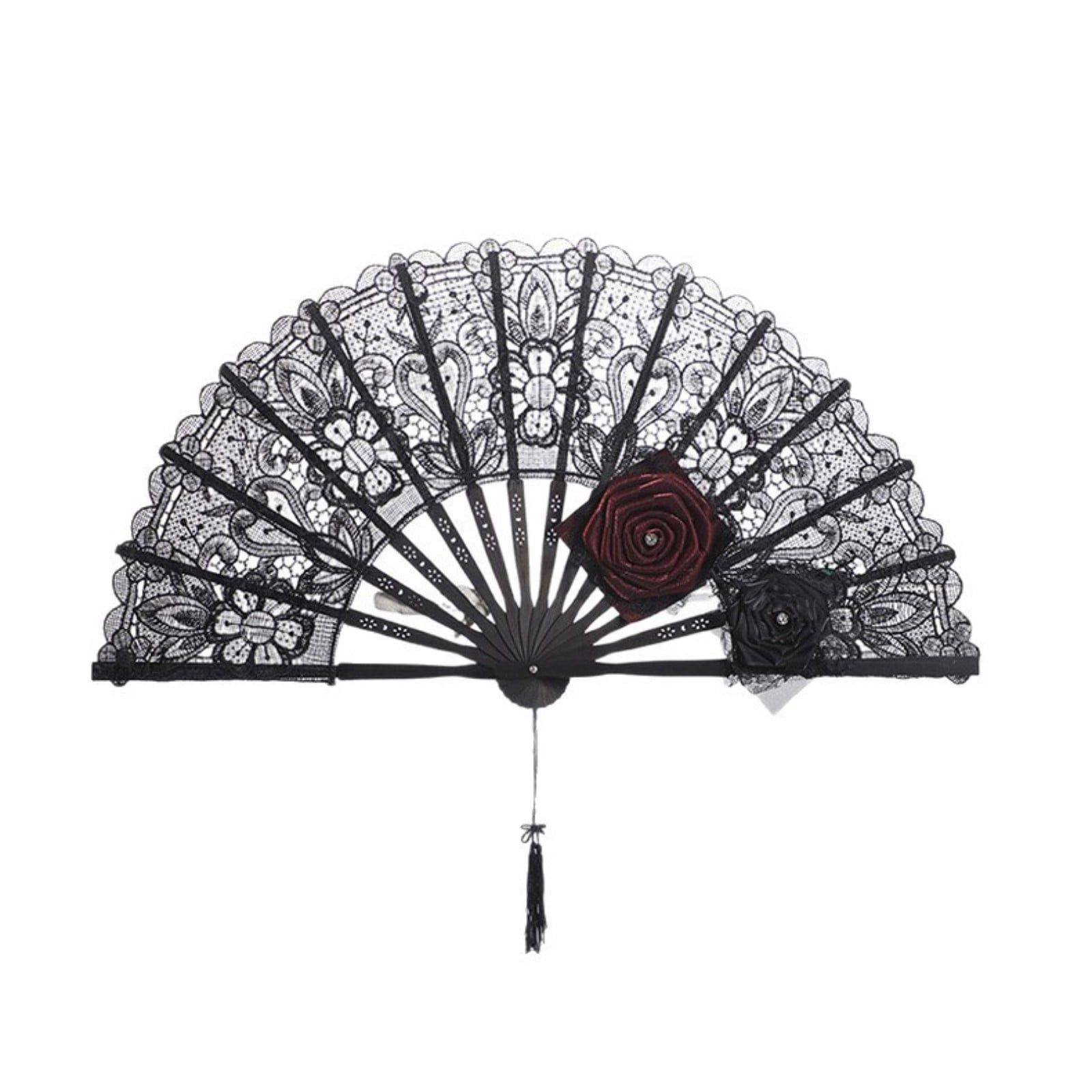 Fan-Fall Decor-Halloween Black Hand Fan Lace Rose Handheld Retro Flower ...