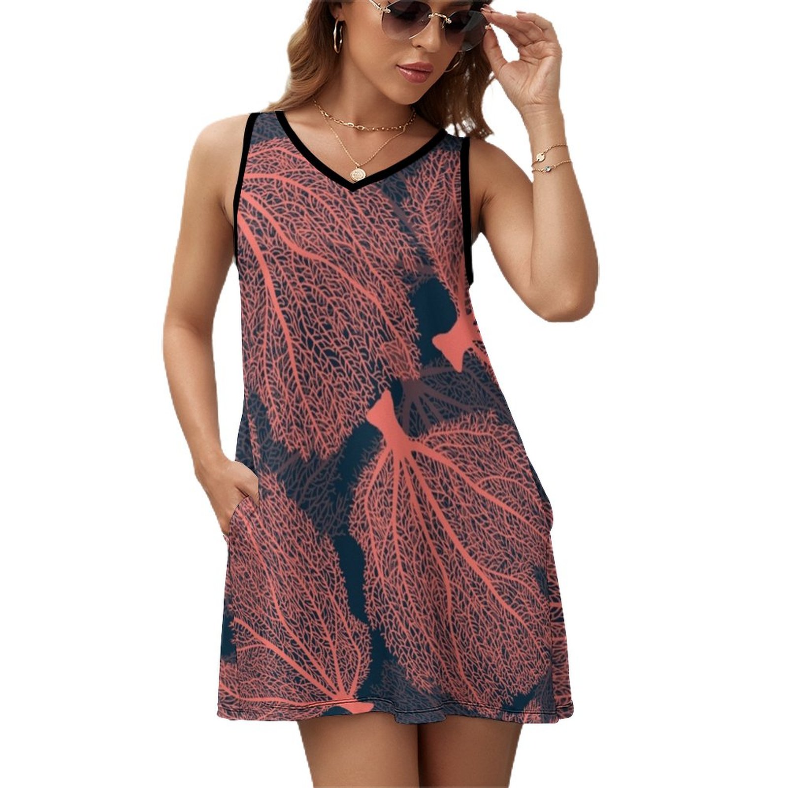 Fan Living Coral Square Neck Dress Cute Loose Print Dresses Elegant ...