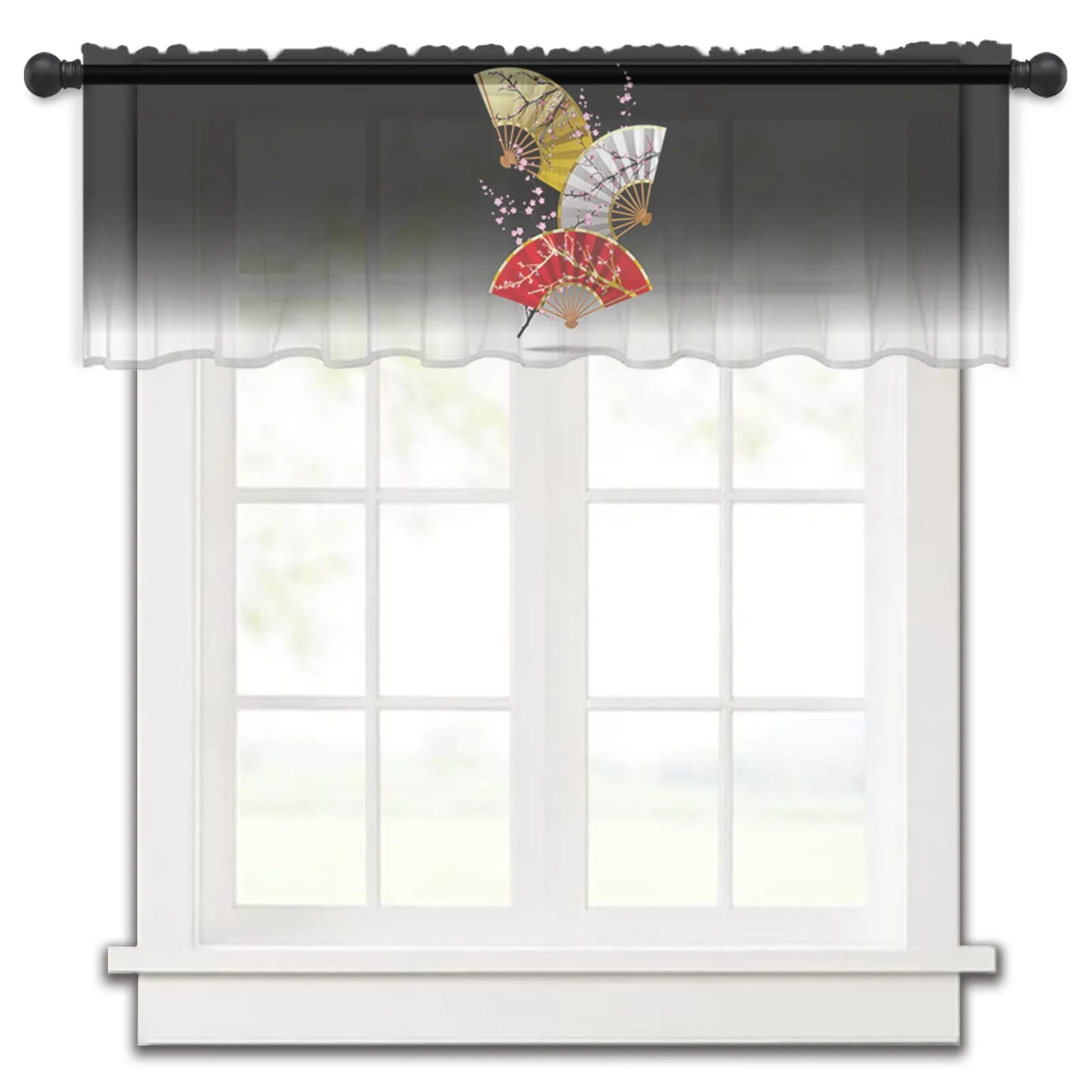 Fan Plum Branch Black Gradient Kitchen Small Curtain Tulle Sheer Short ...