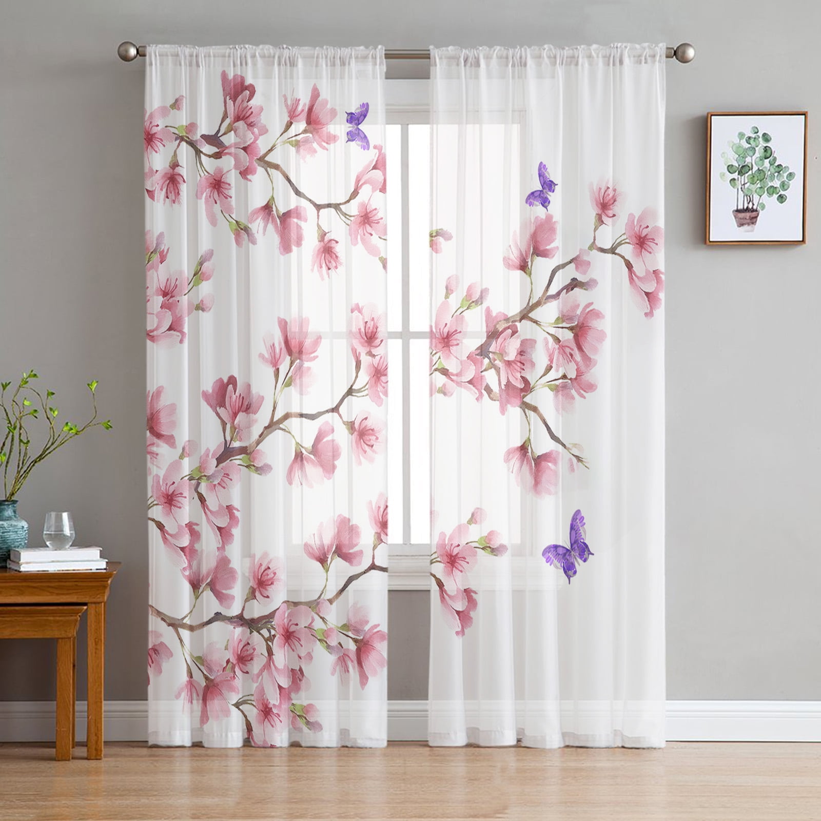 Fan Plum Branch Gradient Tulle Curtains for Living Room Balcony Sheer ...