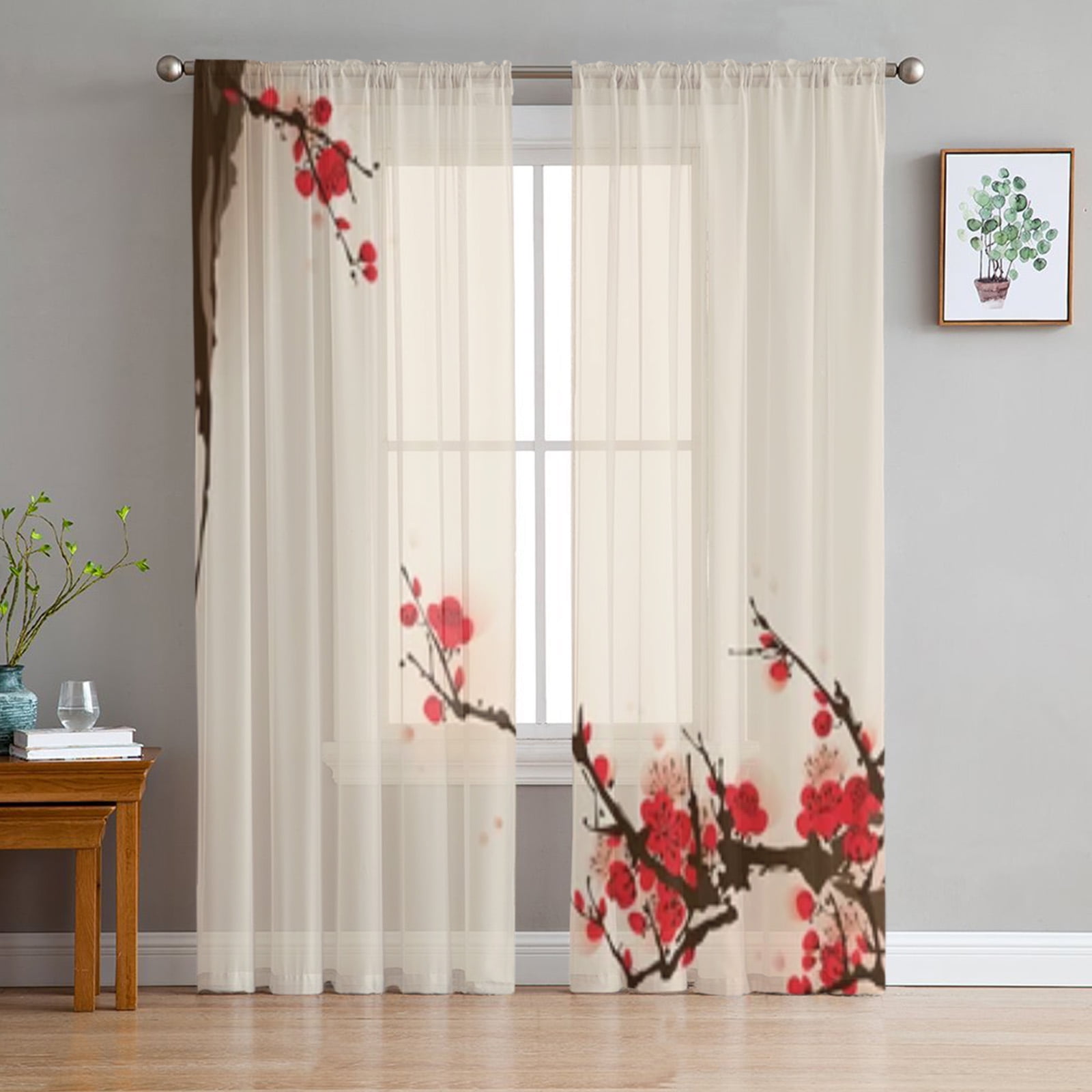 Fan Plum Branch Gradient Tulle Curtains for Living Room Balcony Sheer ...
