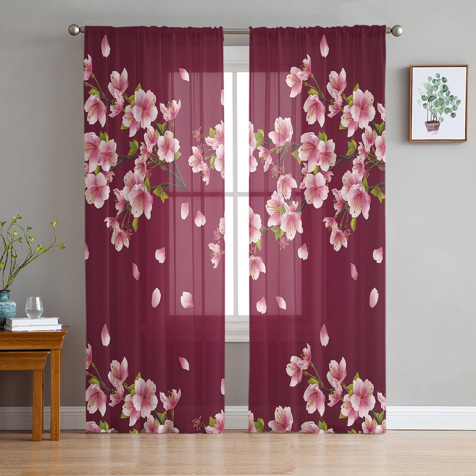 Fan Plum Branch Gradient Tulle Curtains for Living Room Balcony Sheer ...