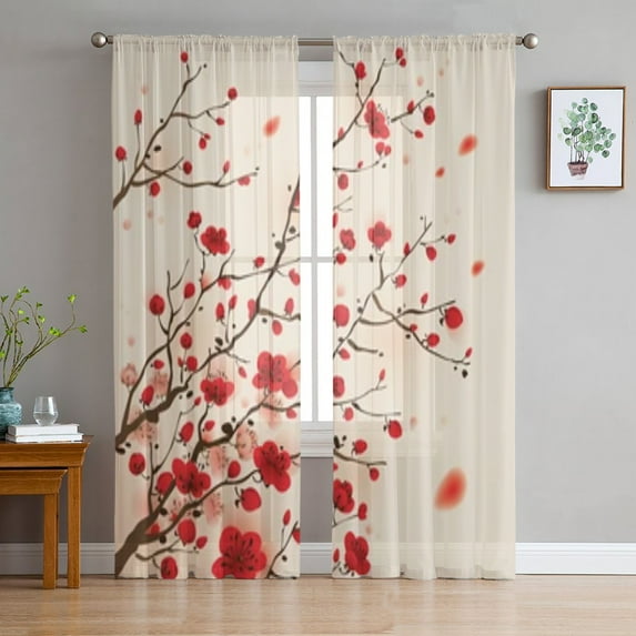 Fan Plum Branch Gradient Tulle Curtains for Living Room Sheer Voile ...