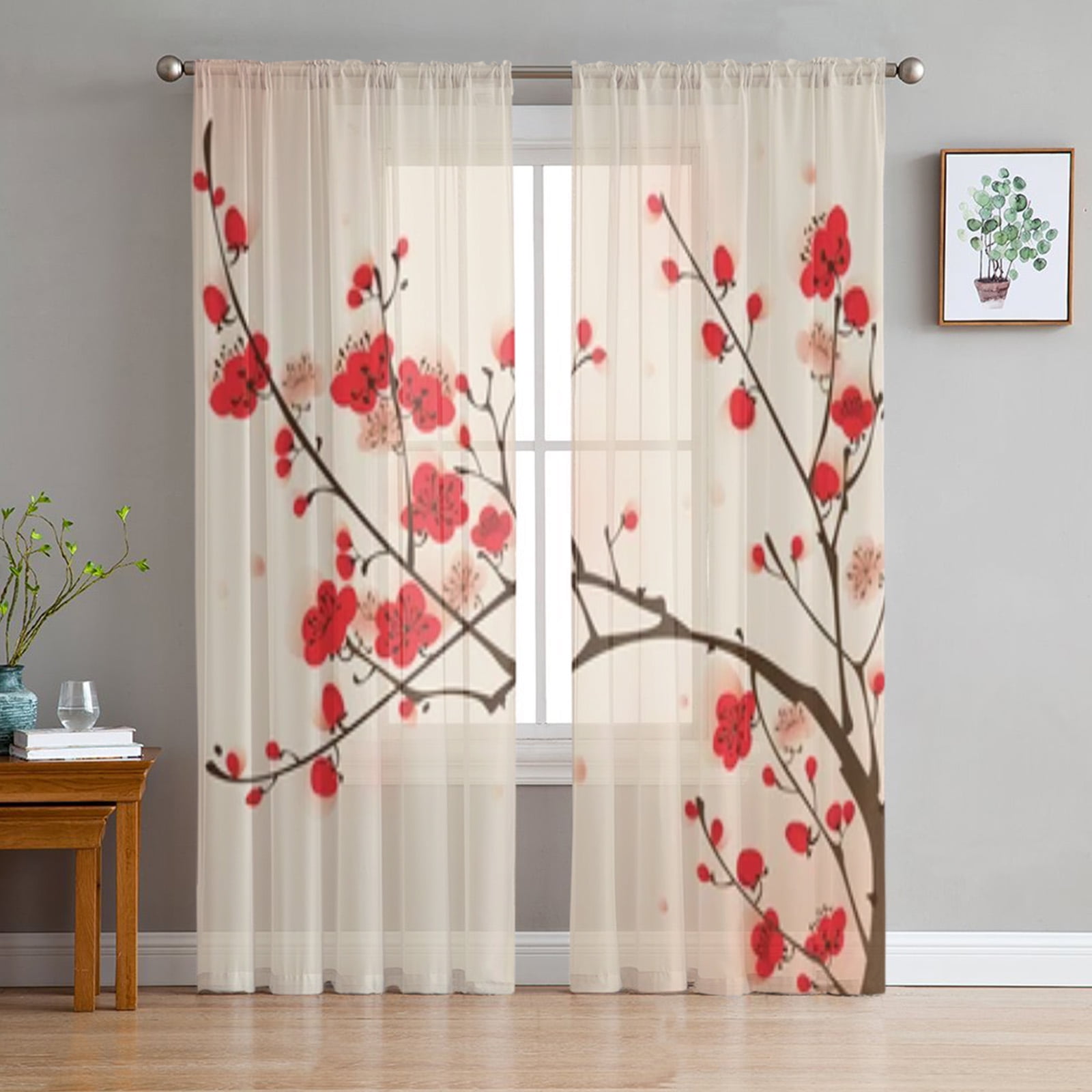 Fan Plum Branch Gradient Tulle Curtains for Living Room Sheer Voile ...