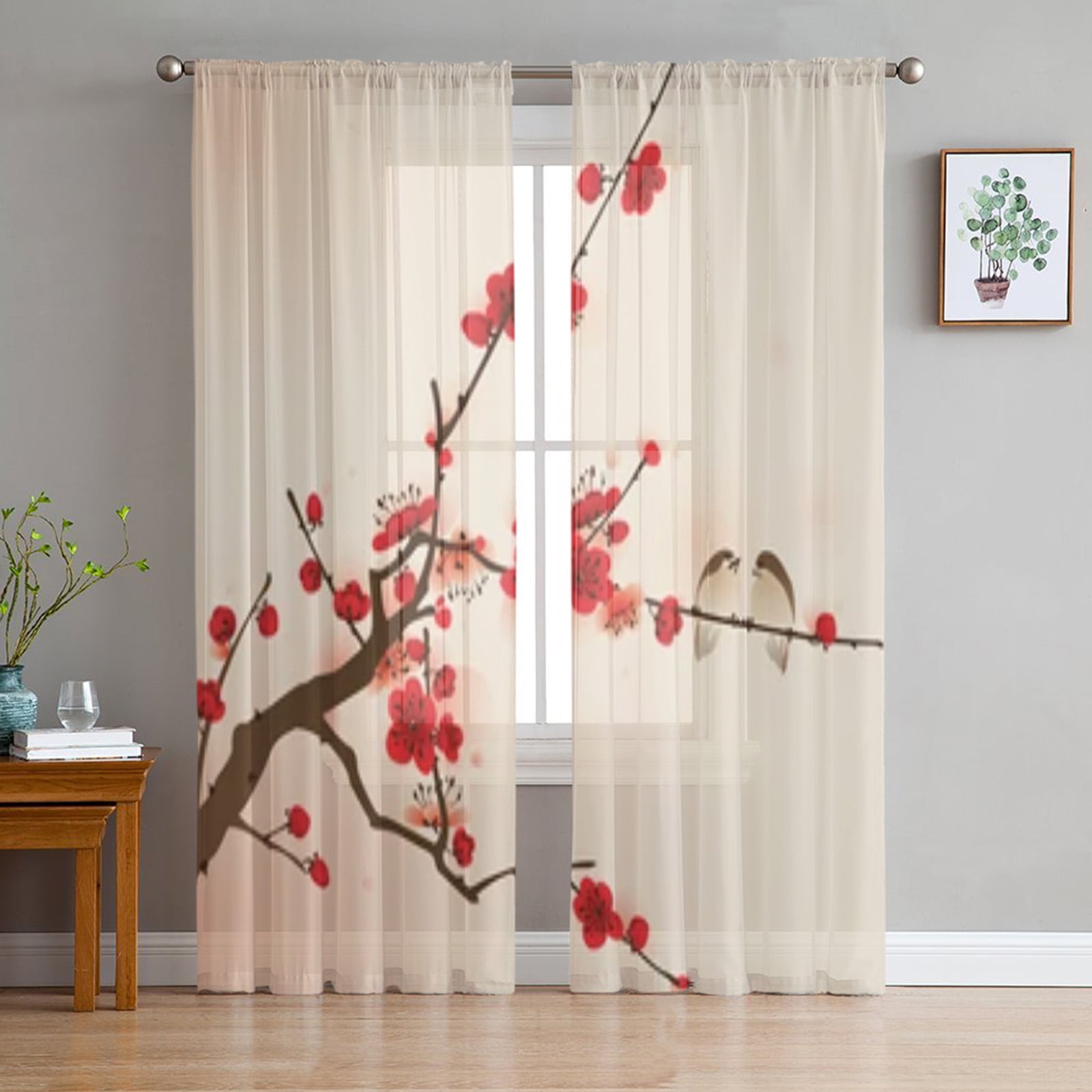 Fan Plum Branch Gradient Tulle Curtains for Living Room Sheer Voile Curtain for Bedroom Kitchen ...