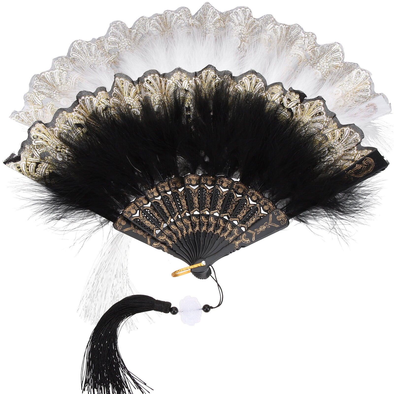 Fan Plume Hand Folding Vintage Fans Gift Gold Decor Women's Bride 2 Pcs ...