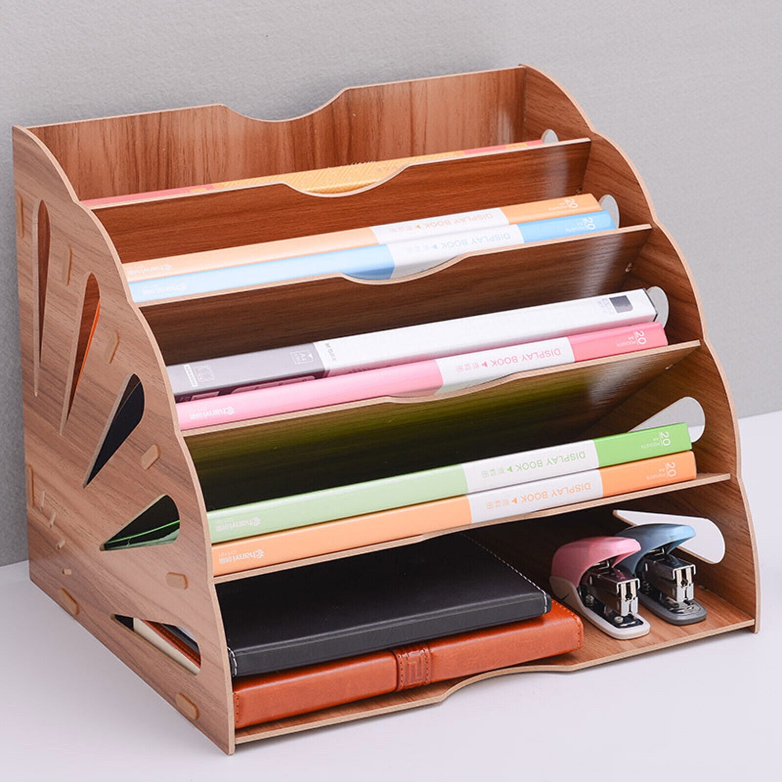 Fan-Shaped File Folder Holder Wood Organizer 5 Compartment Desk Wall ...