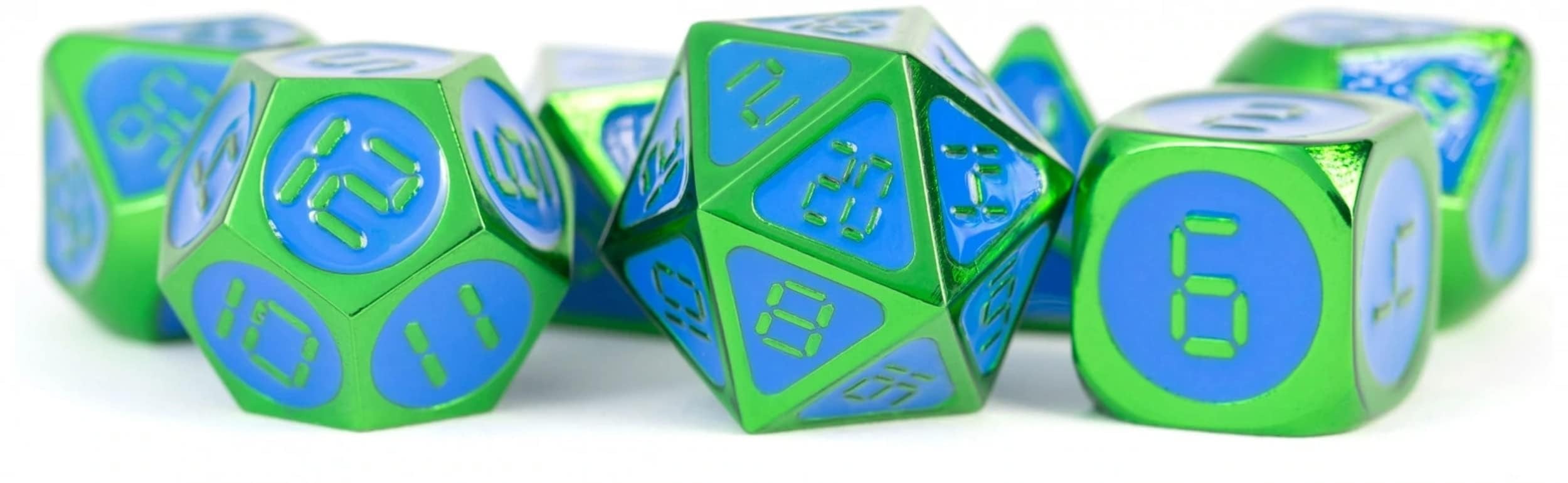 FanRoll by Metallic Dice Games 16mm Metal Polyhedral DND Dice Set: Green w/Blue Enamel, Role ...