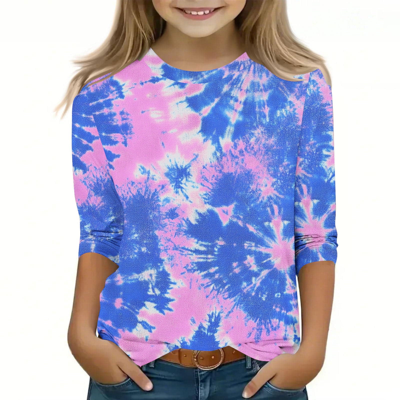Fancifize 3/4 Length Sleeve Girls Tops Tie-Dye Print Fashion Casual ...