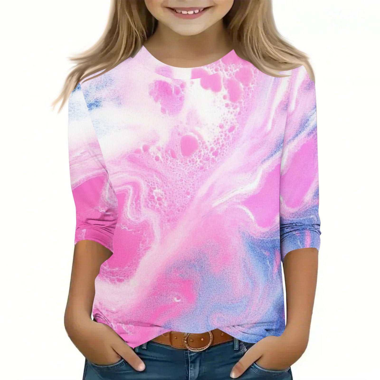 Fancifize 3/4 Length Sleeve Girls Tops Tie-Dye Print Fashion Casual ...