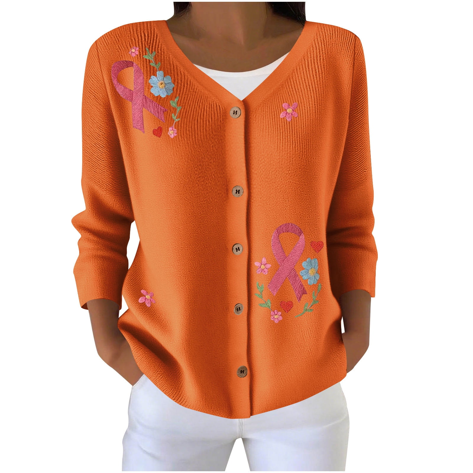 Fancifize Breast Cancer Cardigan for Women Cute Long Sleeve Pink ...