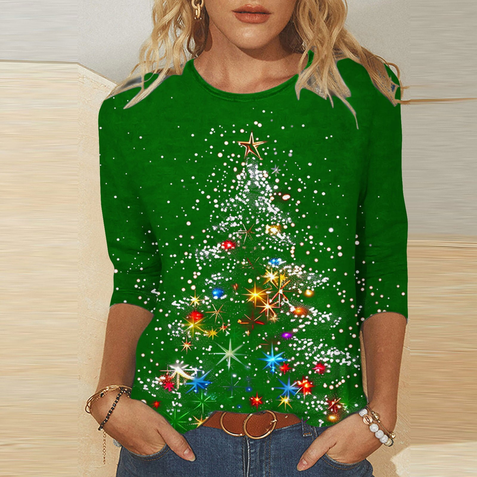 Fancifize Christmas Shirts for Women 3/4 Length Sleeve Crew Neck ...