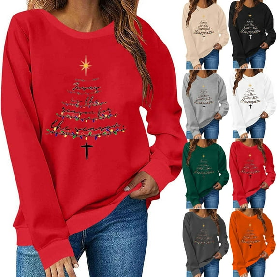 Fancifize Christmas Sweatshirts for Women Funny Crew Neck Xmas Tree ...