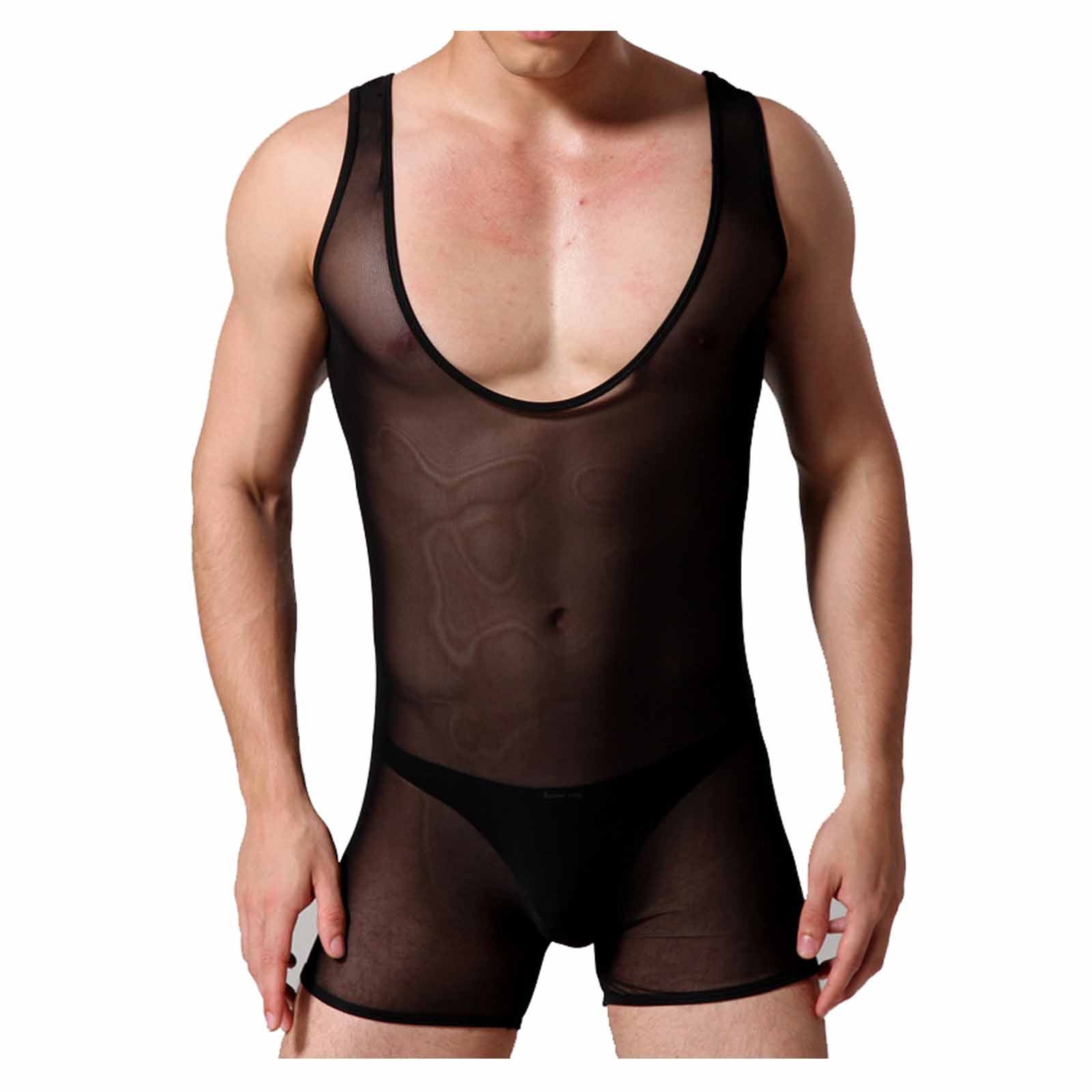 Fancifize Men's See-Through Mesh Bodysuit Underwear Sexy Transparent Base Layers Jumpsuit Boxers ...