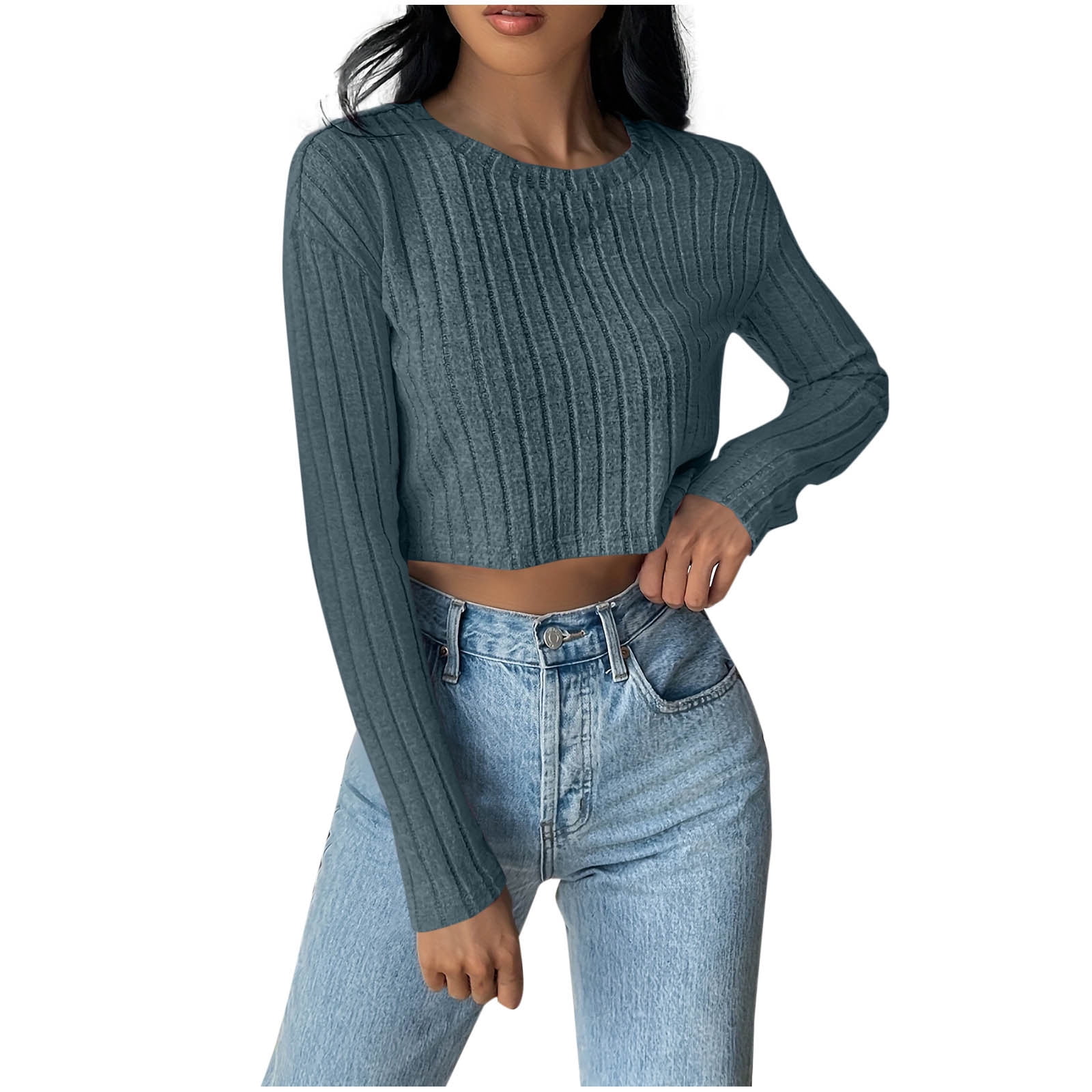 Fancifize Cropped Sweater for Women Crew Neck Ribbed Knit Top Casual ...
