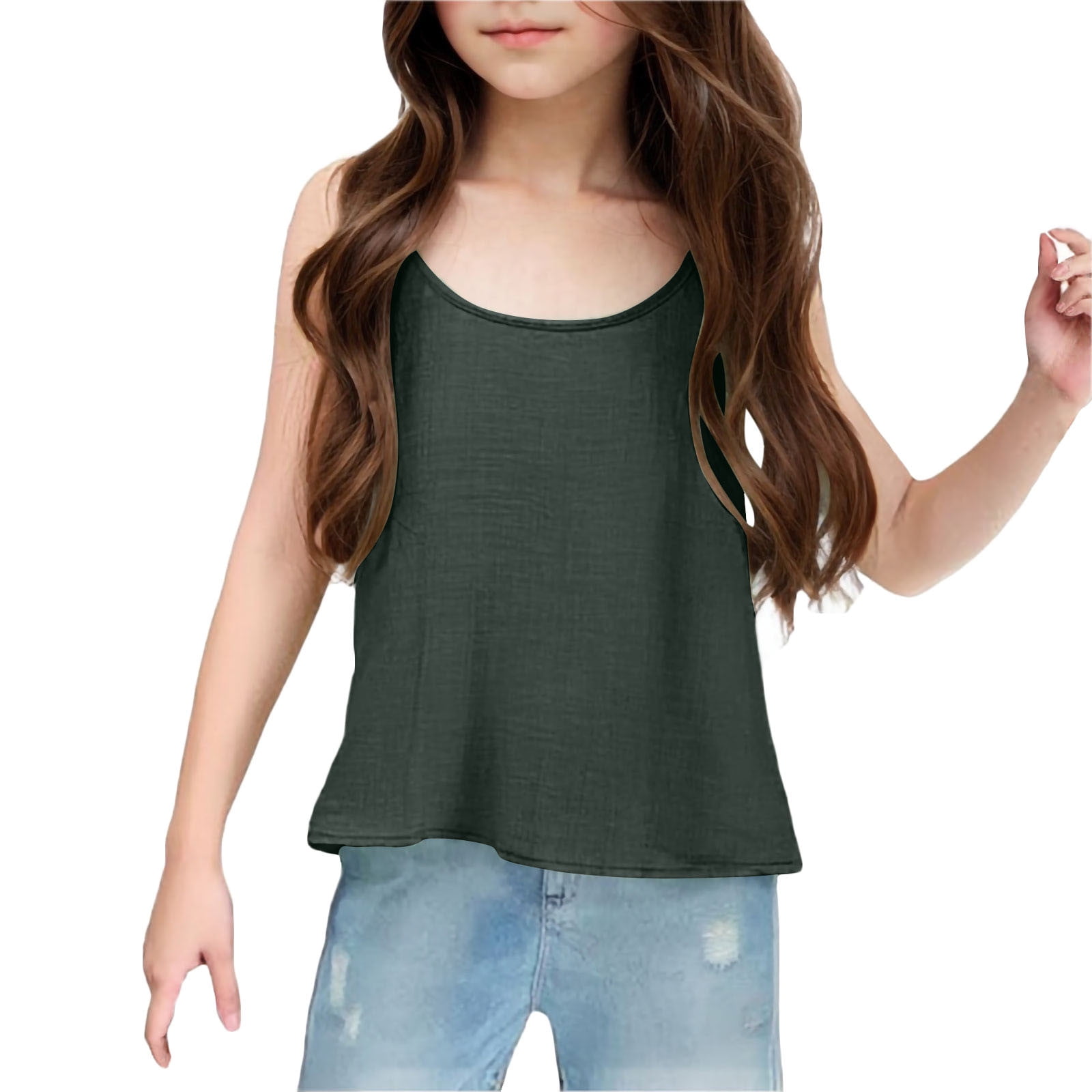 Fancifize Girls' Linen Blend Strappy Tank - Solid Color Loose Fit Cami ...