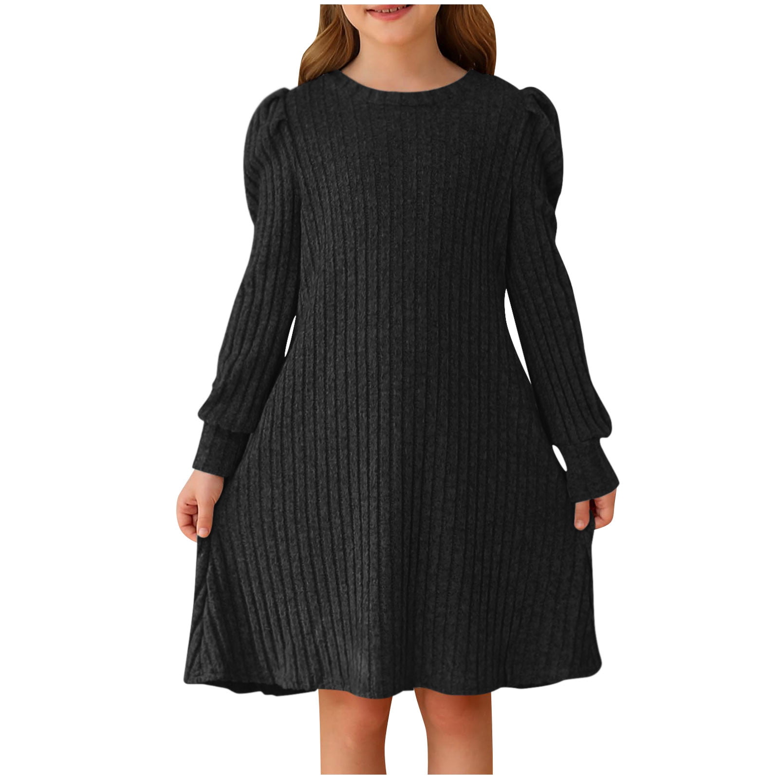 Fancifize Girls Long Puff Sleeve Ruffle Dress Crew Neck A-Line Fall ...