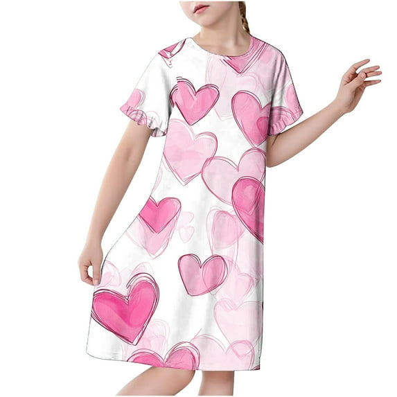 Fancifize Girls Nightgowns Cute Heart Print Pajamas Kids Short Sleeve ...