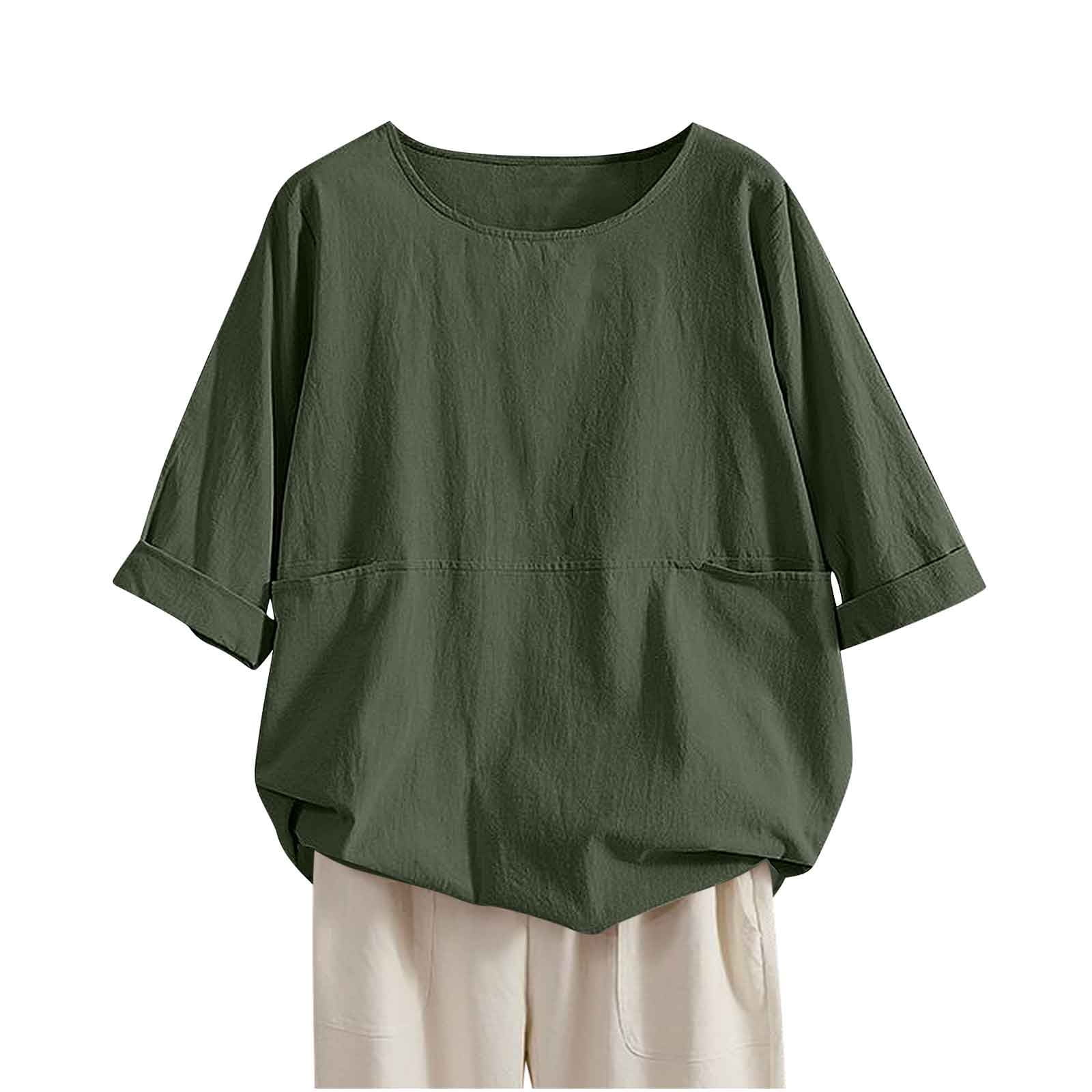 Fancifize Linen-Cotton 3/4 Sleeve Shirt for Women - Loose Fit Round ...