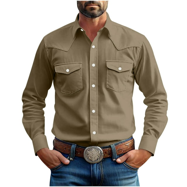 Fancifize Men's Western Cowboy Shirt Long Sleeve Lapel Top Casual ...