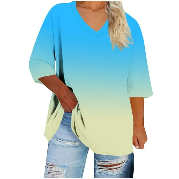 Fancifize Oversized Shirts for Women V Neck Casual T Shirt Color Block ...