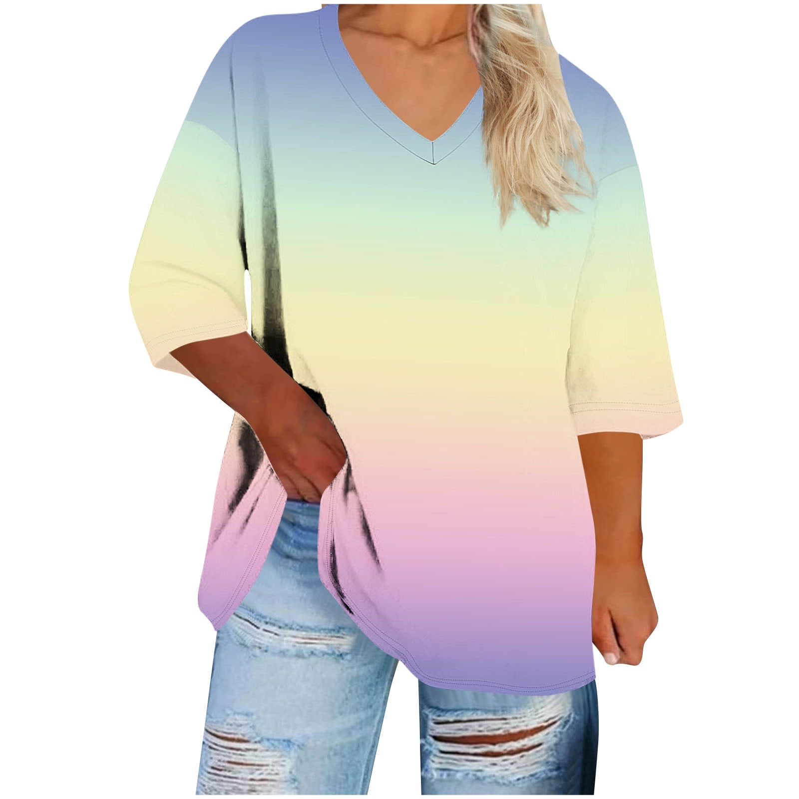 Fancifize Oversized Shirts for Women V Neck Casual T Shirt Color Block ...