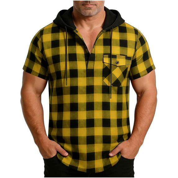 Fancifize Plaid Shirts for Men Button Down Hoodies Drawsting Short ...