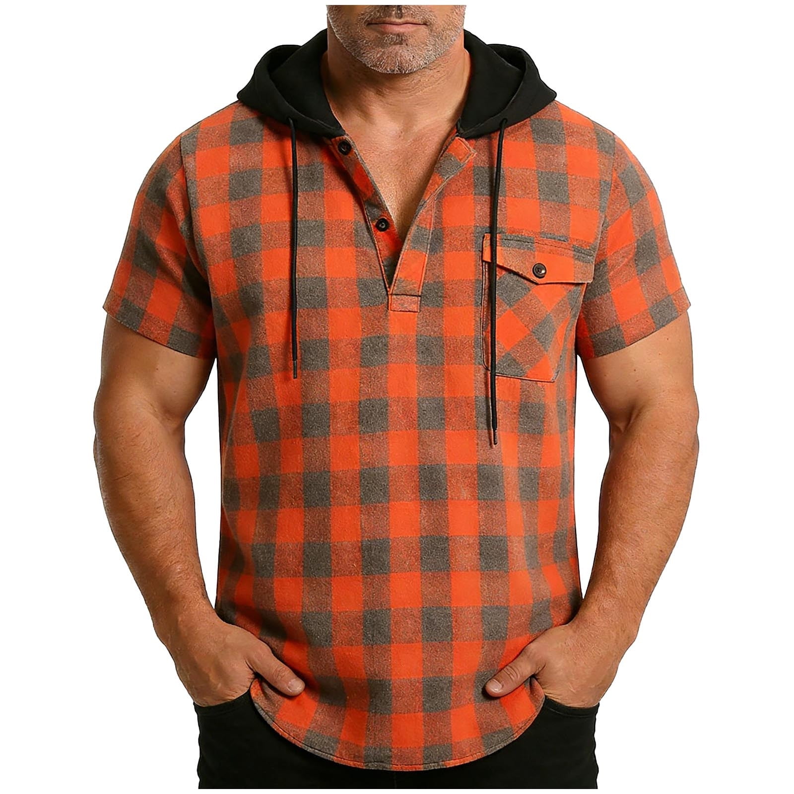 Fancifize Plaid Shirts for Men Button Down Hoodies Drawsting Short ...