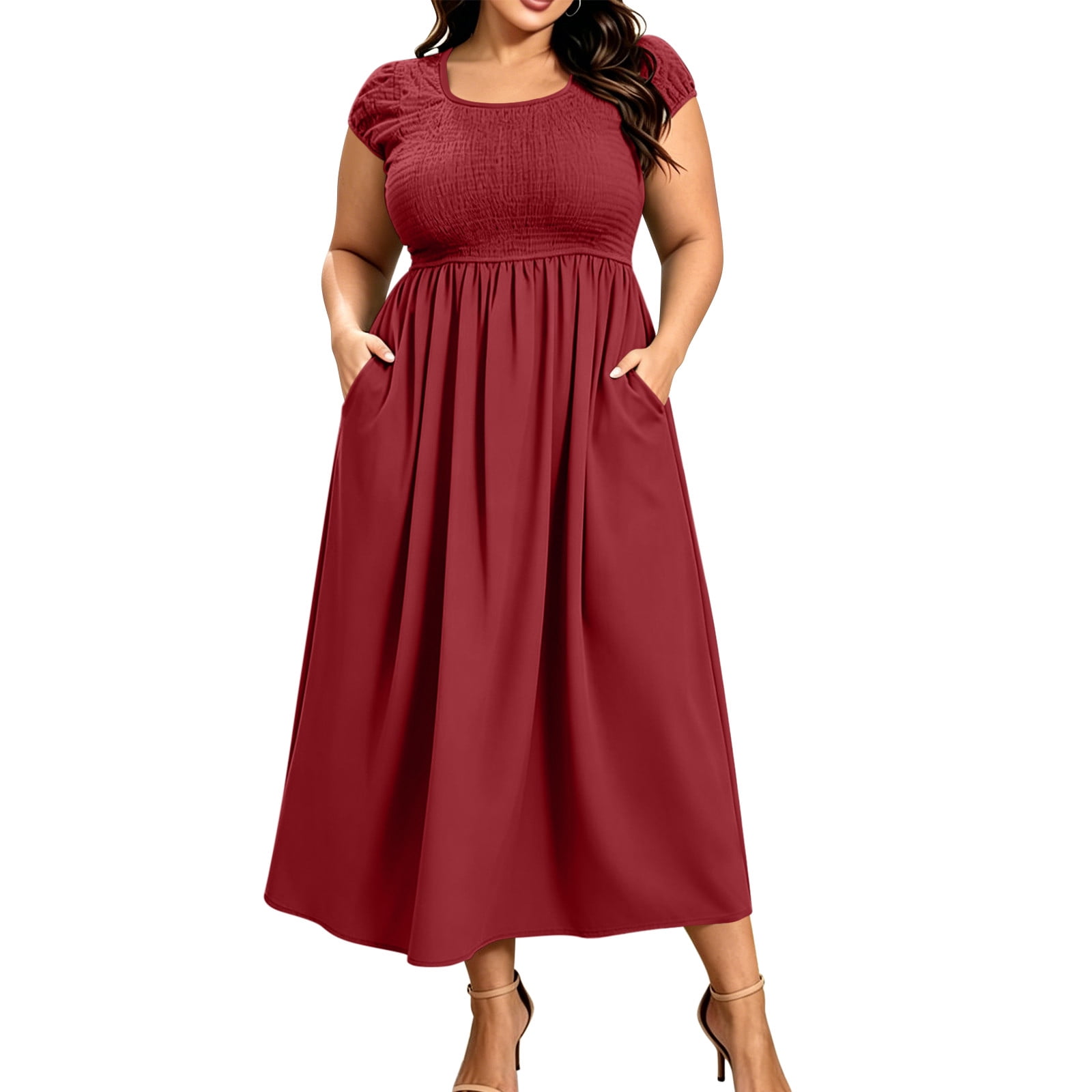 Fancifize Plus Size Puff Cap Sleeve Dress for Women Square Neck High ...