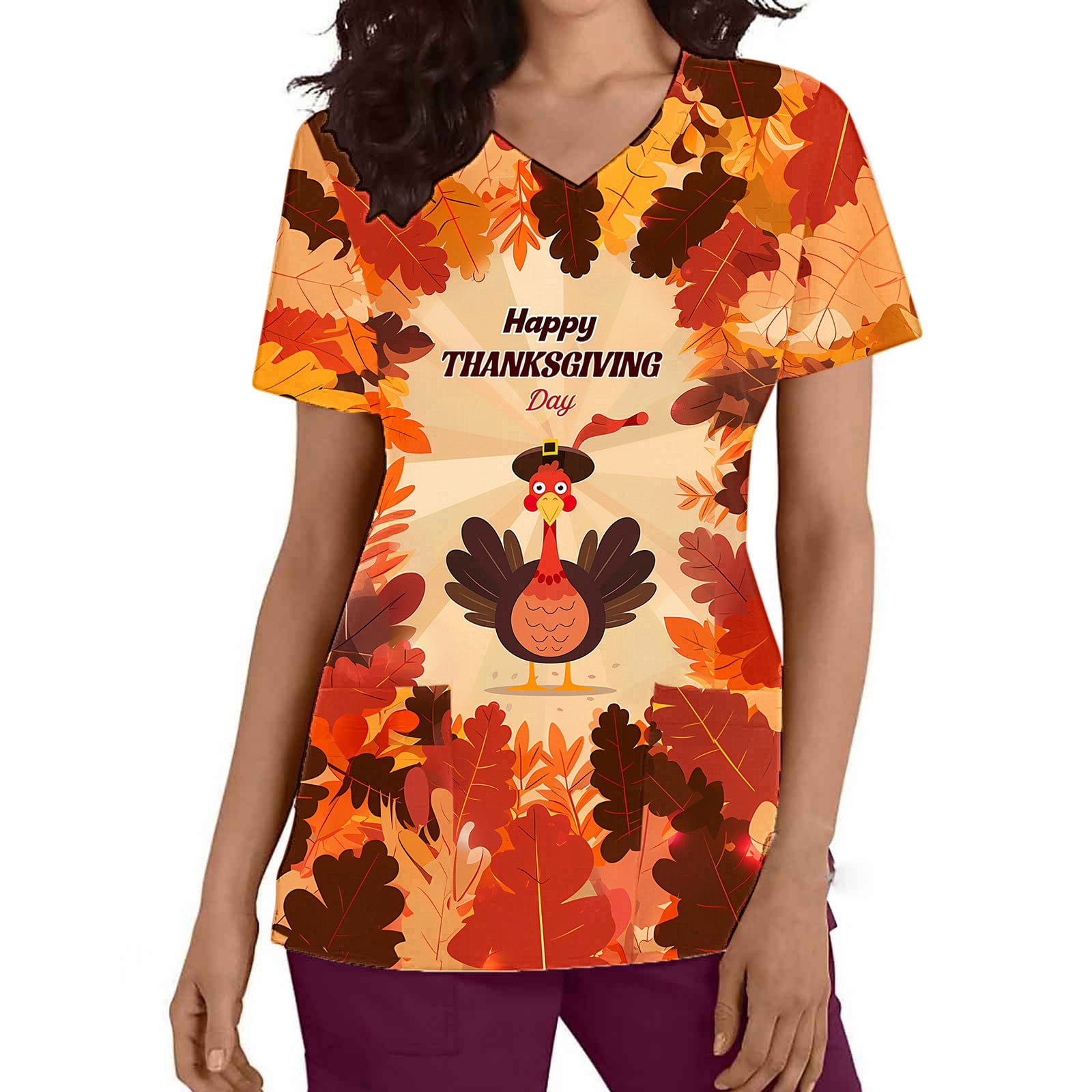 Fancifize Thanksgiving Scrub Tops for Women Short Sleeve Turkey Nursing ...