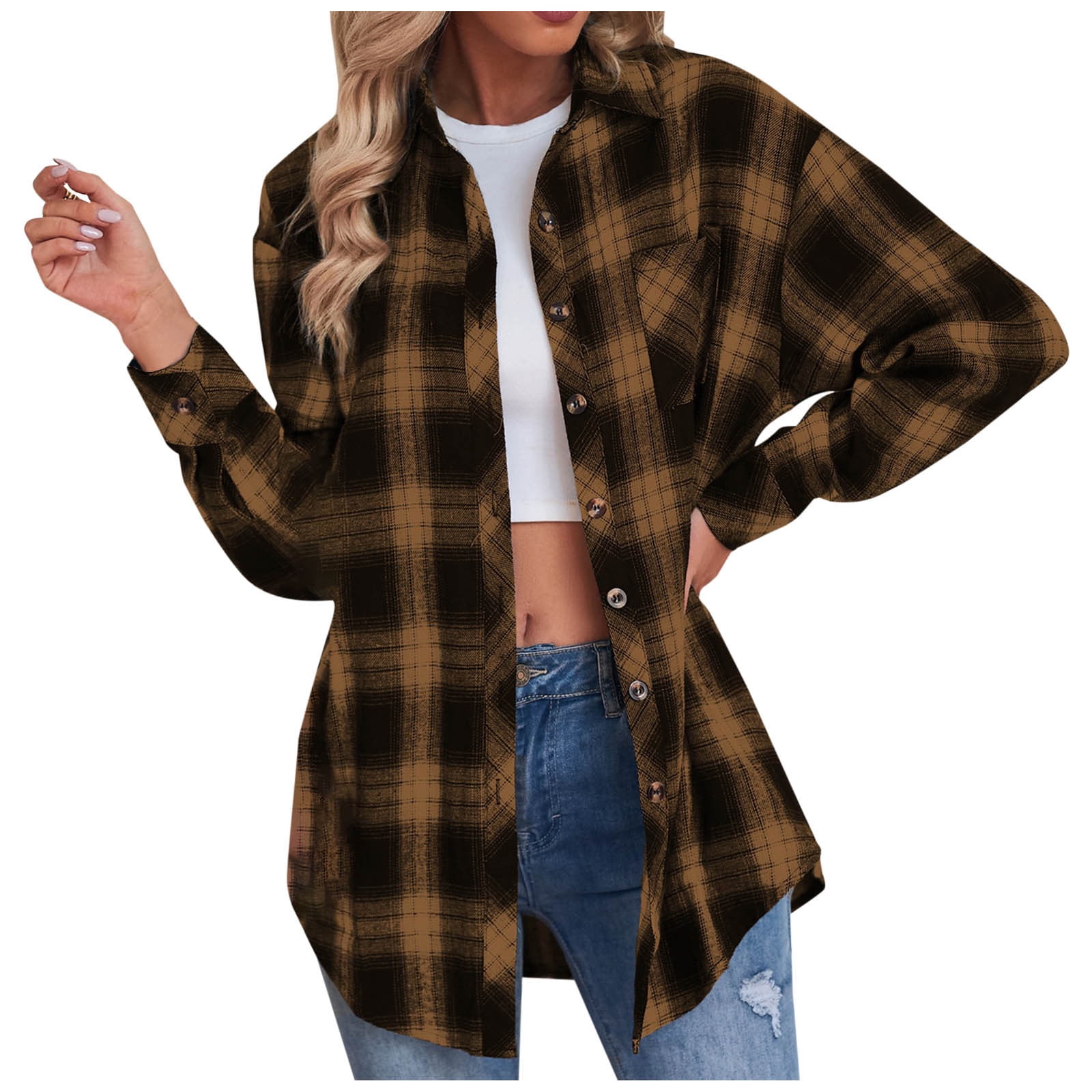Fancifize Women's Button Down Flannel Shirts Plaid Shacket 2024 Fall ...