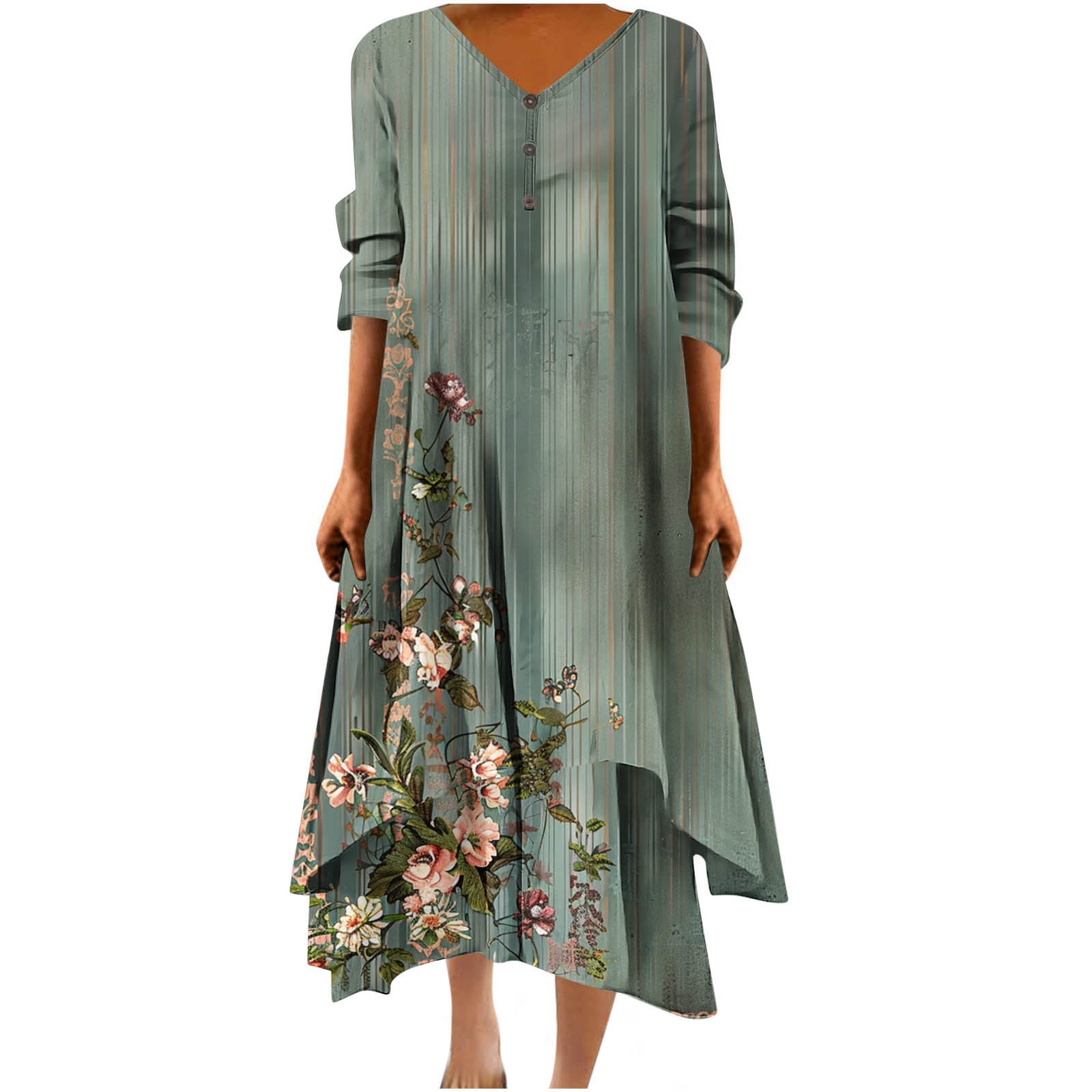 Fancifize Women's Plus Size 2024 Fall Maxi Dress Casual Long Sleeve V ...