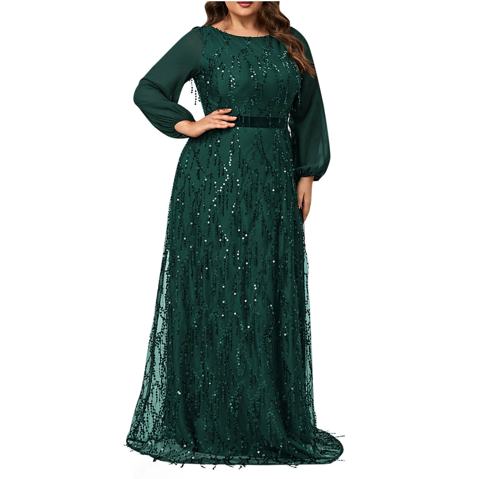 Fancifize Women's Plus Size Long Sleeve Sequin Formal Maxi Dress Evening Party Gowns Lantern ...