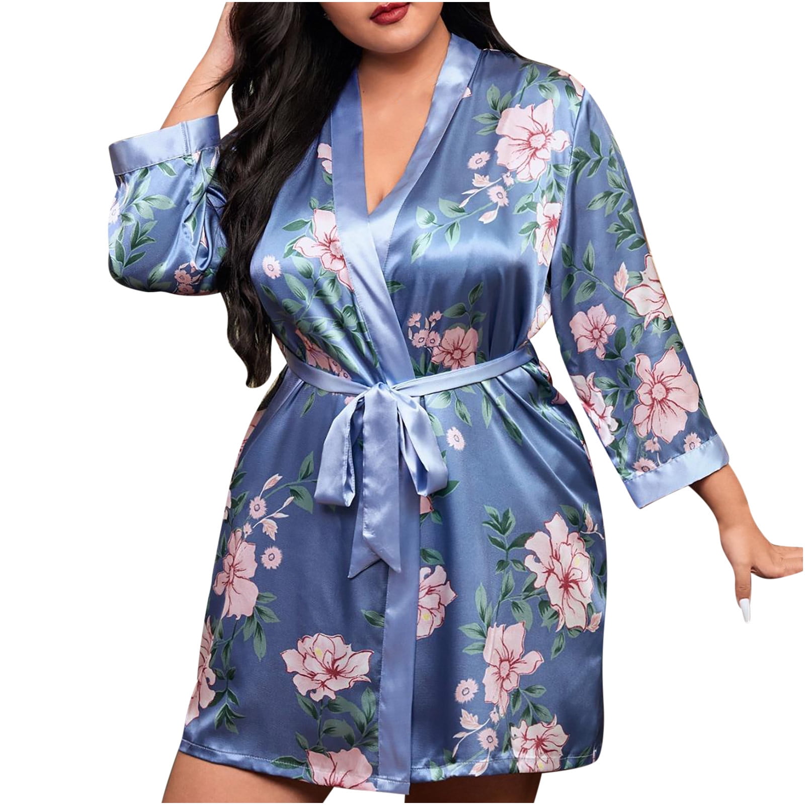 Fancifize Women's Plus Size Satin Robe Silky Kimono Bathrobes Floral 3/ ...
