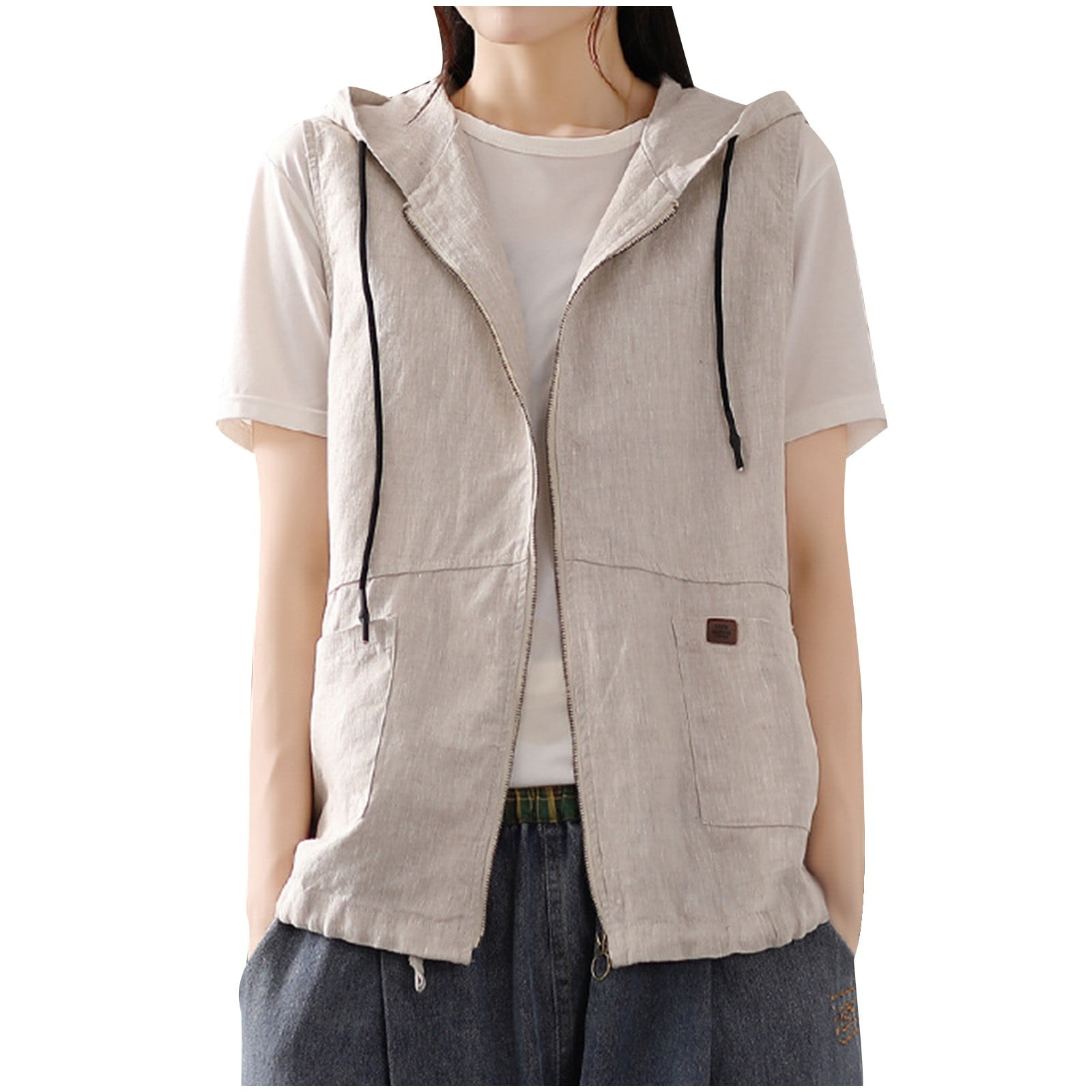 Fancifize Women's Sleeveless Cotton Linen Vest Zipper Hooded Open Front ...