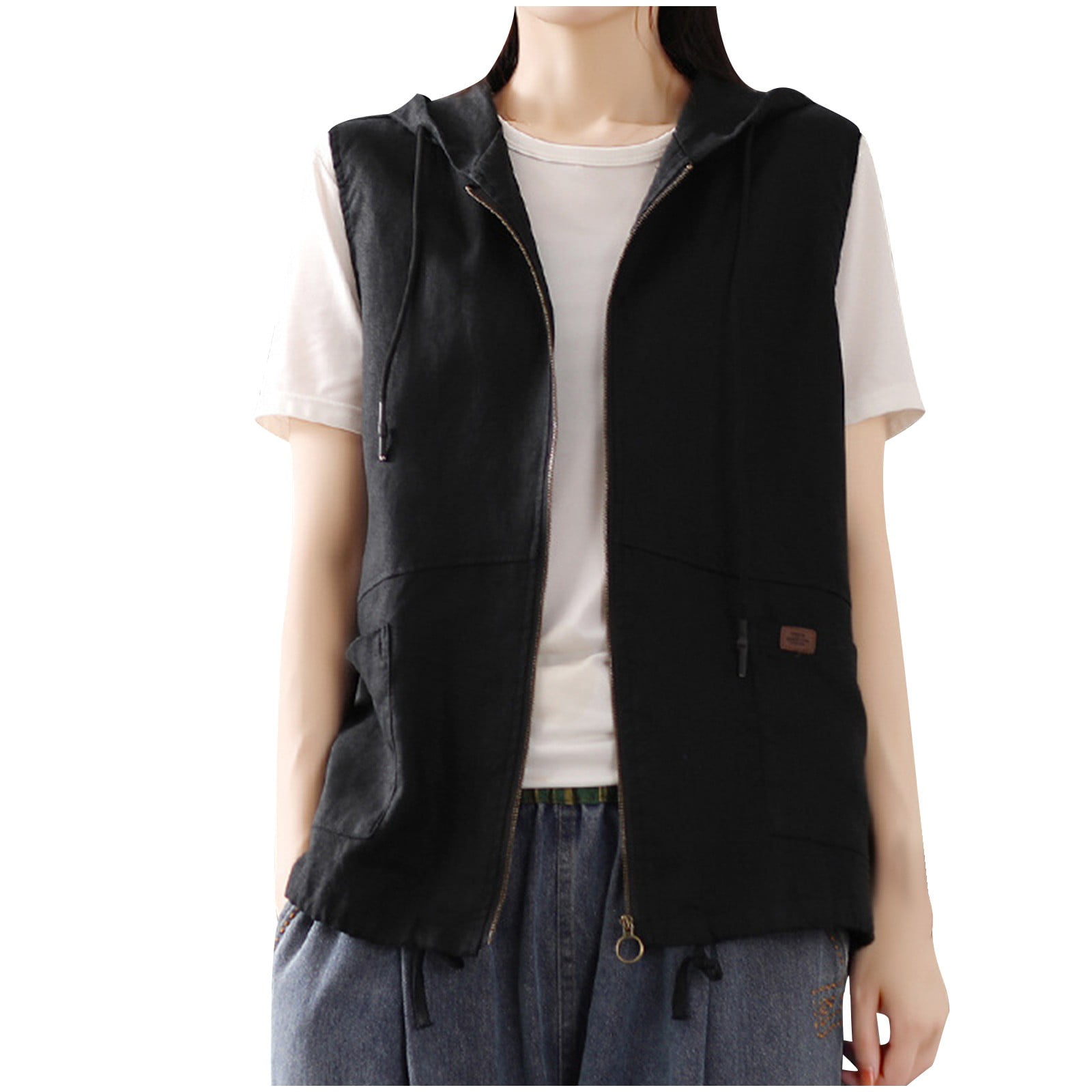 Fancifize Women's Sleeveless Cotton Linen Vest Zipper Hooded Open Front ...