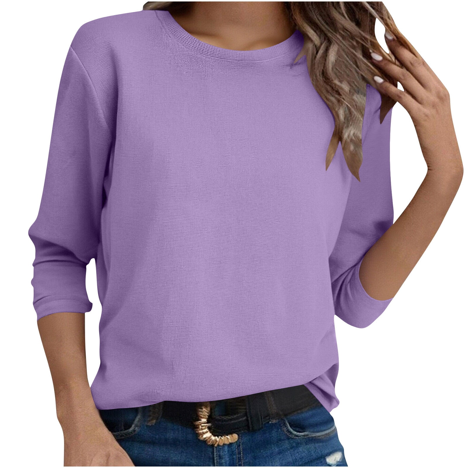 Fancifize Womens 3/4 Sleeve Top Crew Neck Solid Color Shirt Casual ...