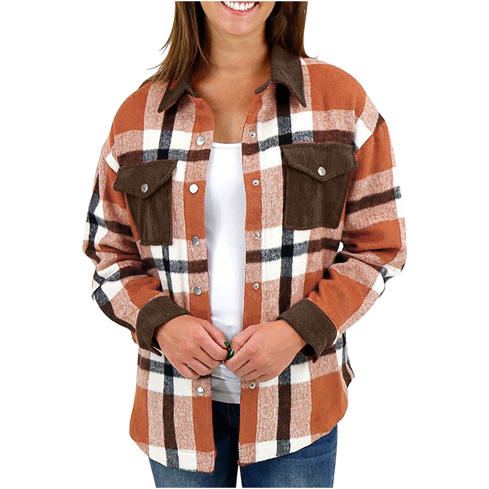 Fancifize Womens Casual Plaid Flannel Shacket Button Down Long Sleeve ...