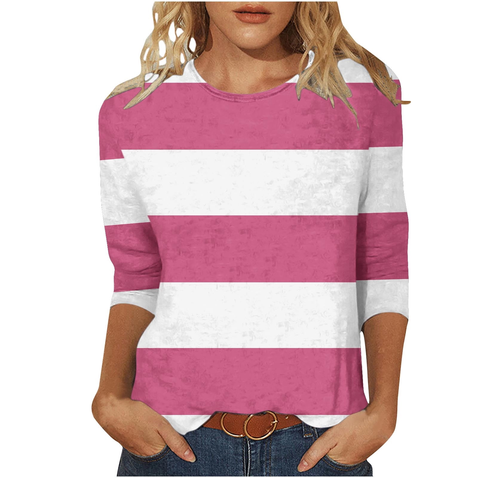 Fancifize Womens Color Blocked Striped Shirt 3/4 Sleeve Crew Neck ...