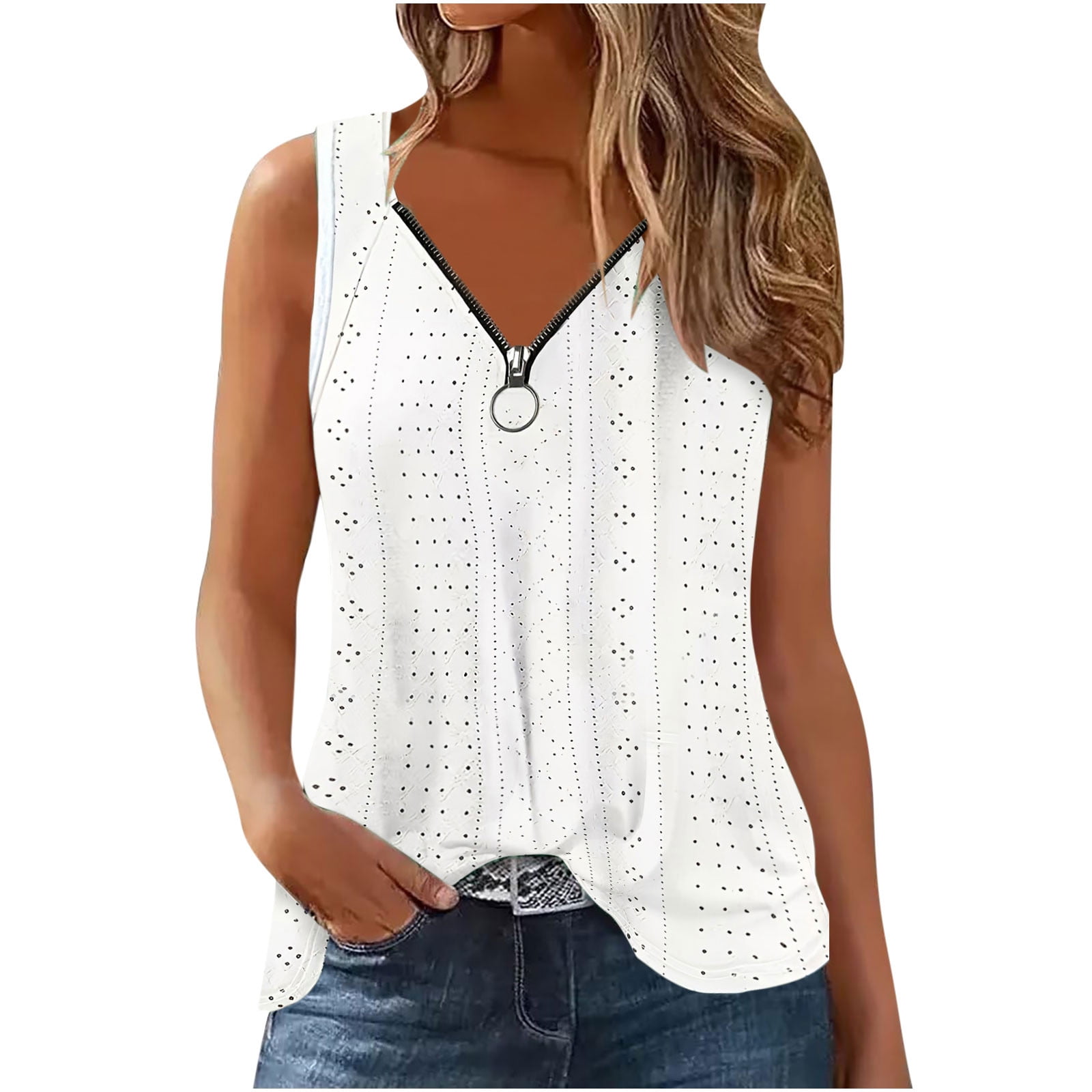 Fancifize Womens Half Zip Tank Tops V Neck Summer Cute Flowy Top Loose ...