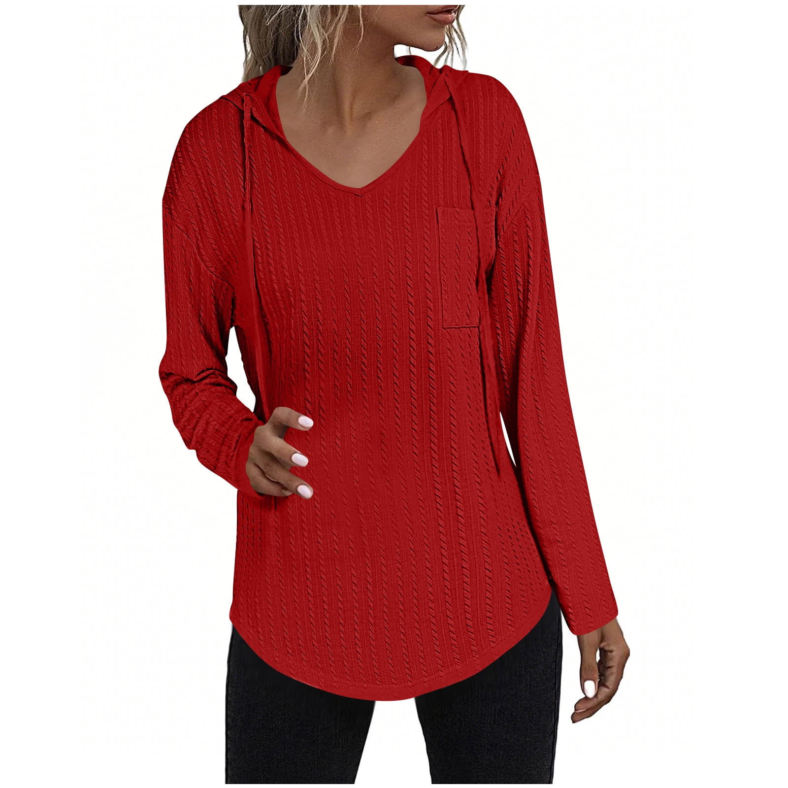 Fancifize Womens Hoodies Sweatshirt Lightweight V Neck Texture Shirt Casual Loose Curved Hem ...