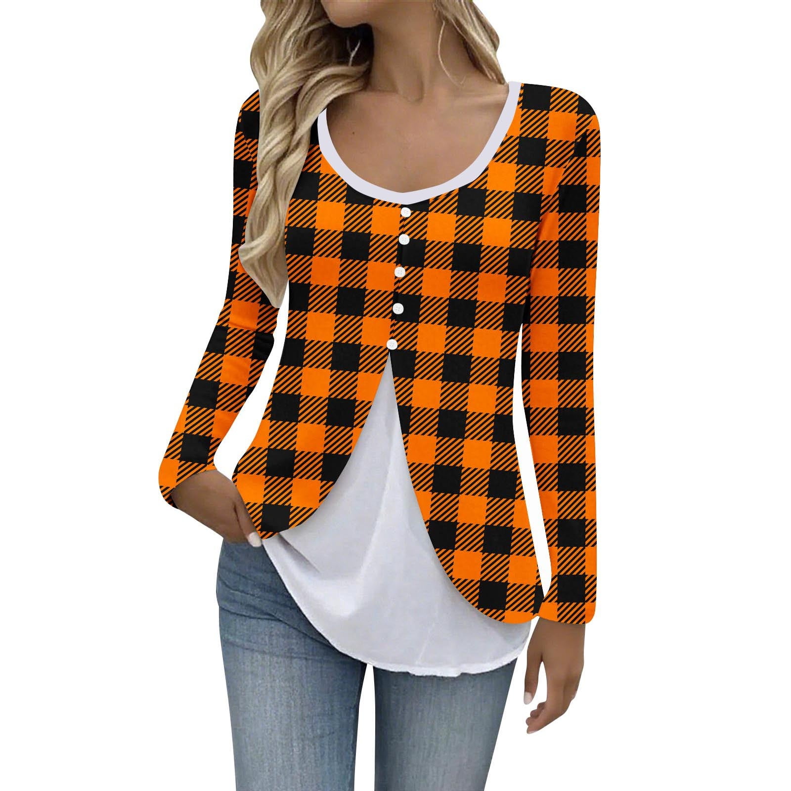 Fancifize Womens Plaid Shirt Crew Neck Fake Two Piece Trendy T Shirt ...
