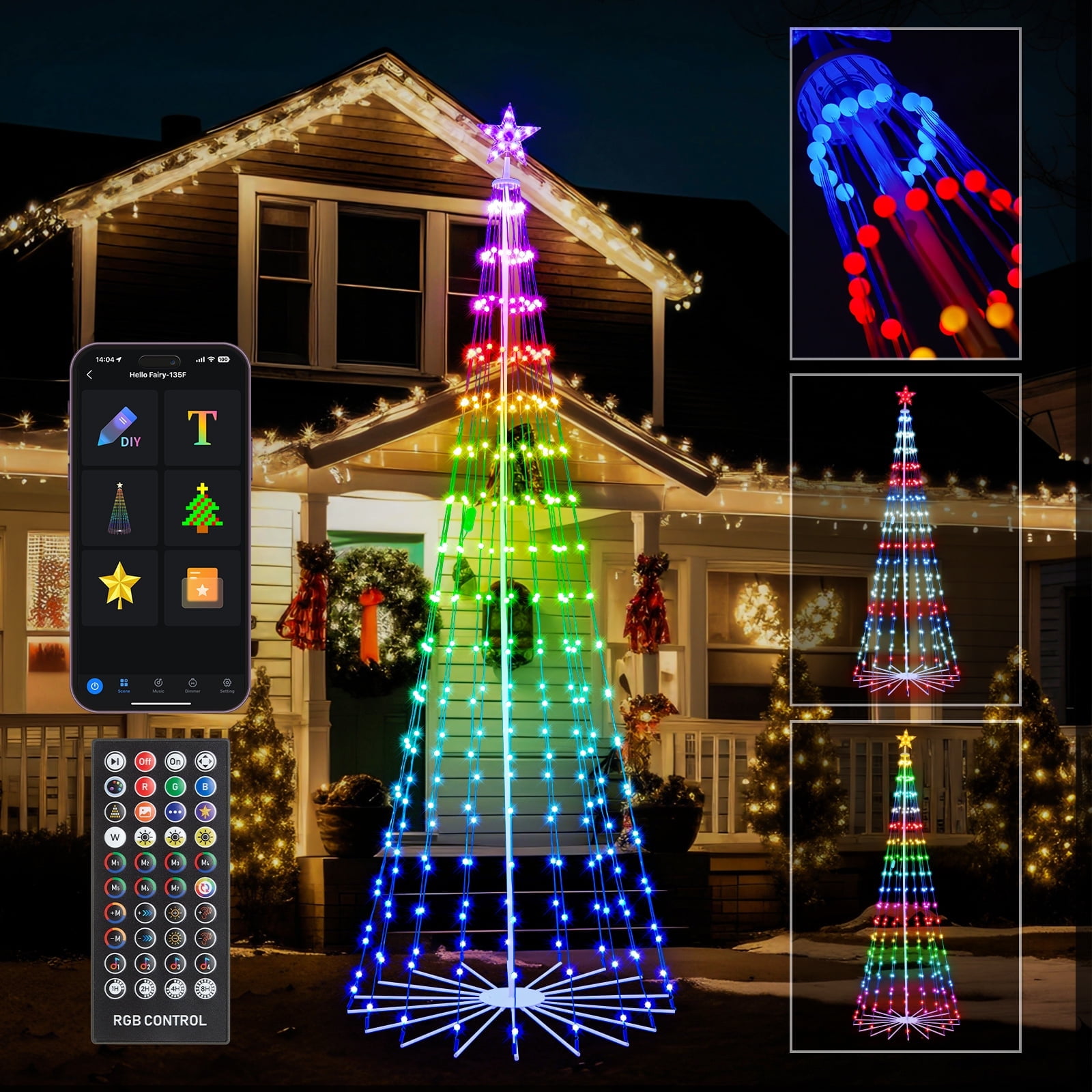 Fancilluma 9FT Smart Outdoor Christmas Tree with Large RGB Bulbs, RGB ...