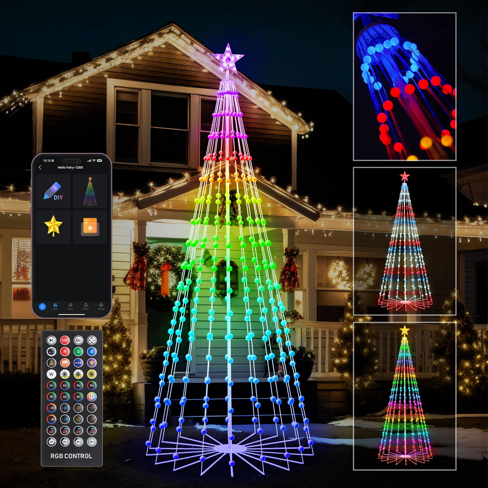 Fancilluma 9FT Smart Outdoor Christmas Tree with Large RGB Bulbs, RGB ...