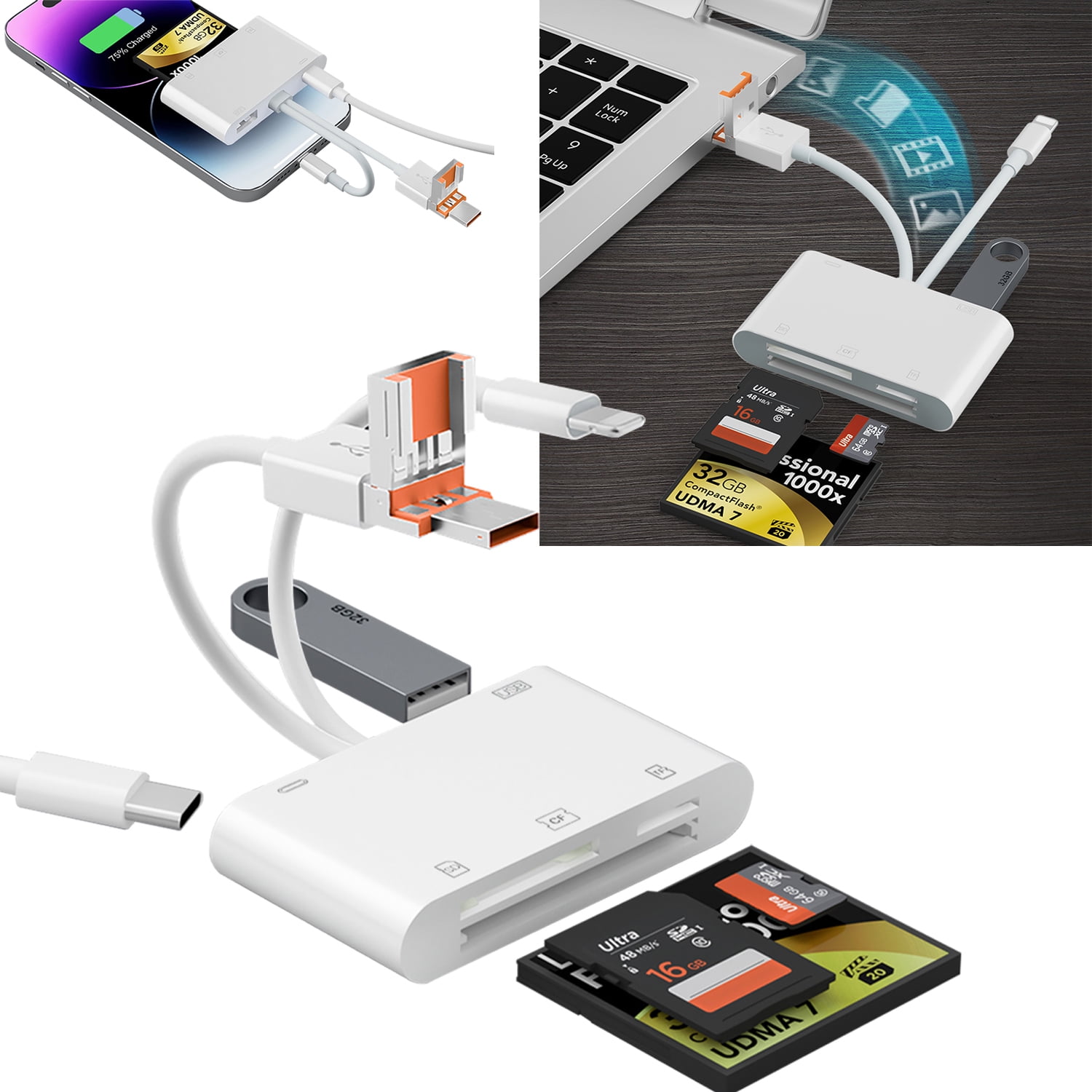 Fancing 5-in-1 SD CF Card Reader for iPhone iPad with USB A & Charging ...