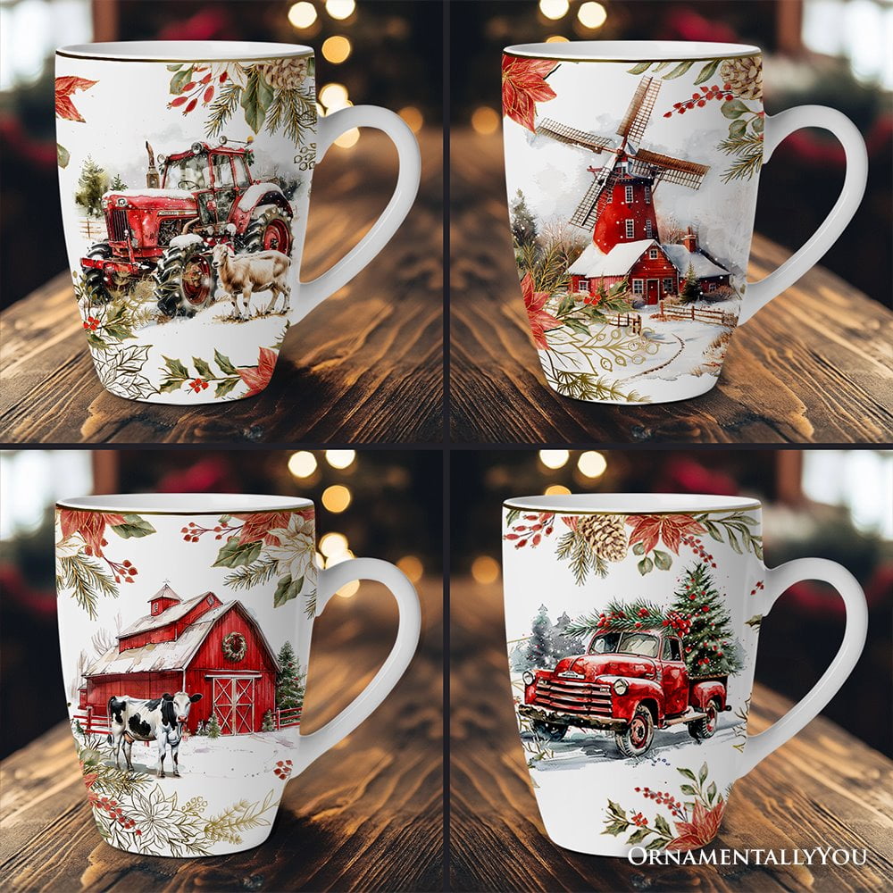 Fancy Farmhouse Holiday Set of 4 Ceramic Mugs with Real Gold Trim ...