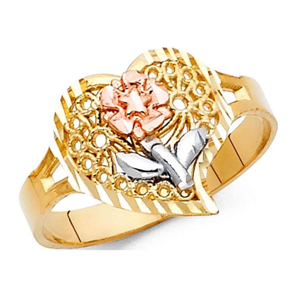 Fancy Heart & Flower Ring 14k Yellow White Rose Gold Band Diamond Cut ...