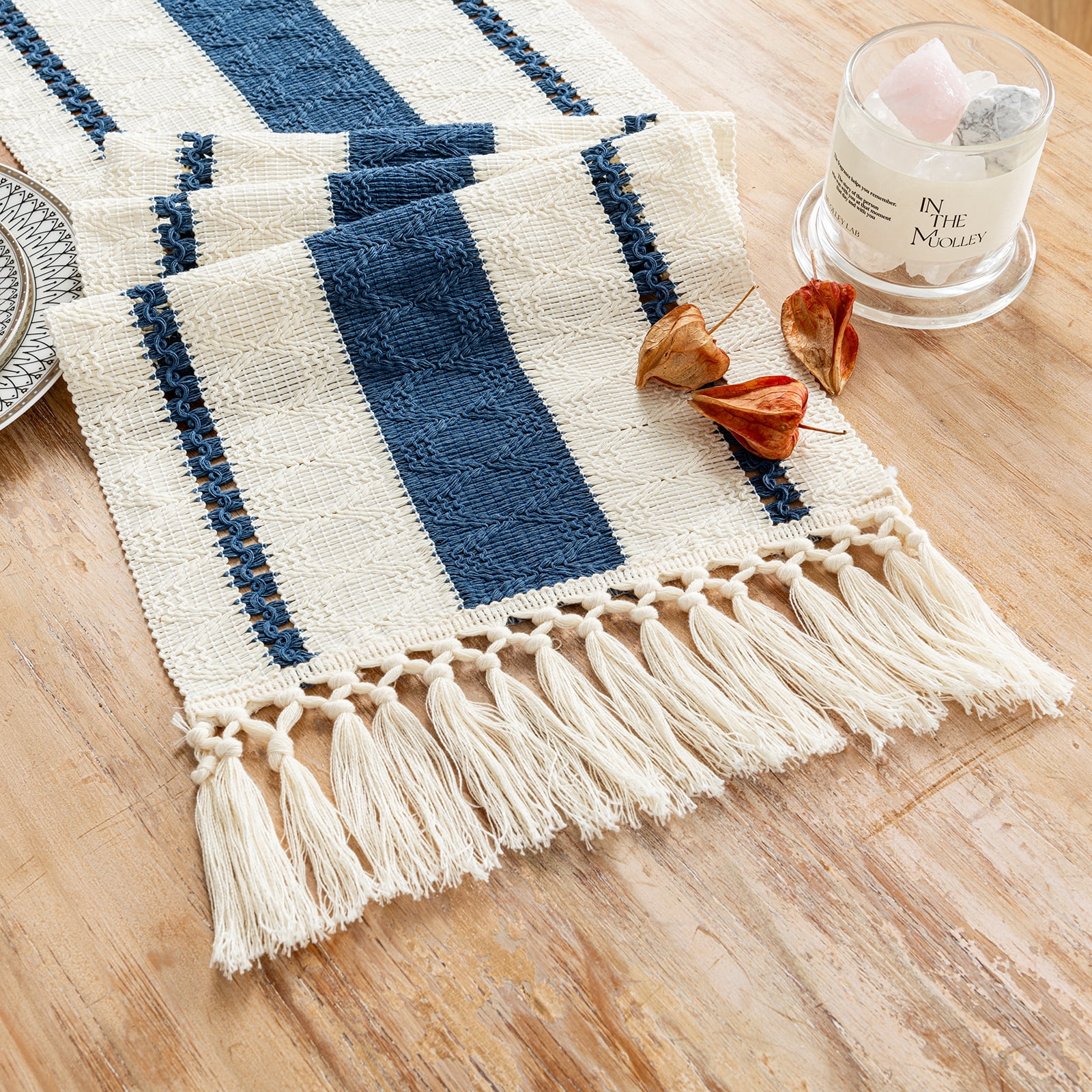 Fancy Homi Dusty Blue Table Runner 48 inches Long Boho Macrame Table ...